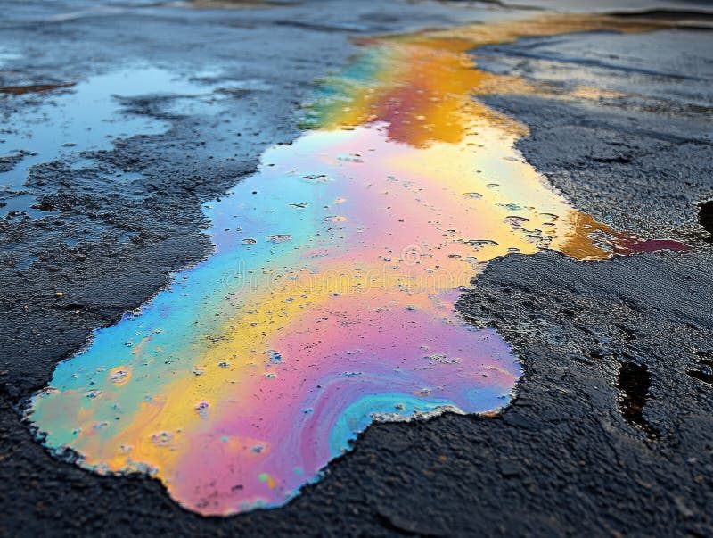 Vibrant Colors Reflect in Puddle from Sunlight on Wet Asphalt Creating ...