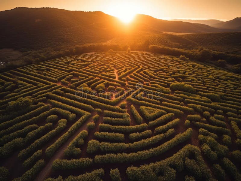 Sunset Maze through Vineyards Stock Illustration - Illustration of ...