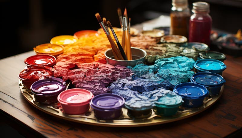 Vibrant Colors on Table, Paintbrushes, and Watercolor Paints Create Art ...