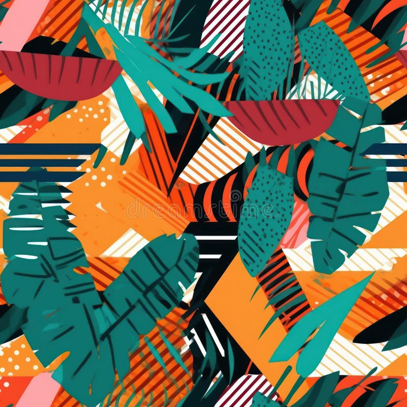 Vibrant Colors Tropical Themed Leaf and Flower Background Seamless ...