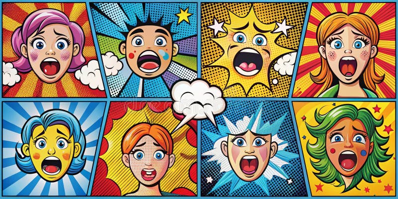A Vibrant Comic Book Panel Featuring Eight Expressive Faces in a State ...