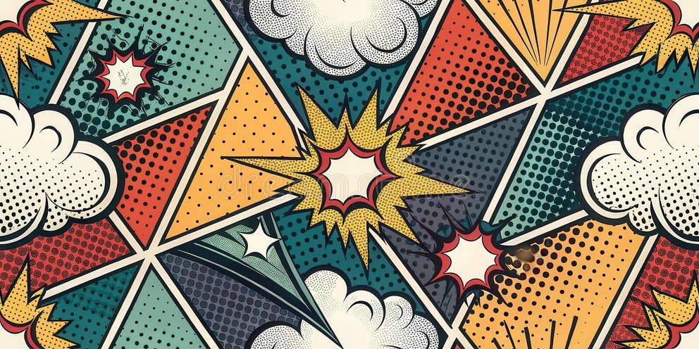 Vibrant Comic Book Pattern with Pop Art Explosions and Clouds Stock ...