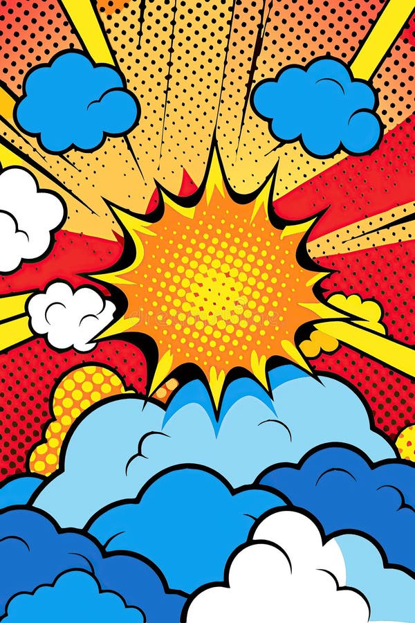 Vibrant Comic Book Style Background with Clouds and Dots Explosion Stock Illustration ...