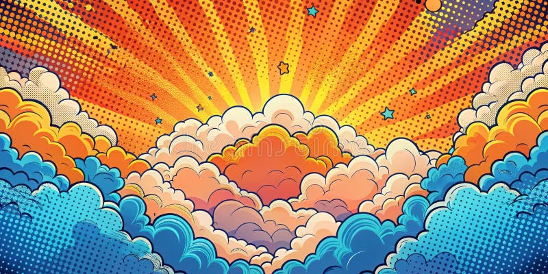 Vibrant Comic Book Style Cloudscape with Sunburst and Stars. Generative ...