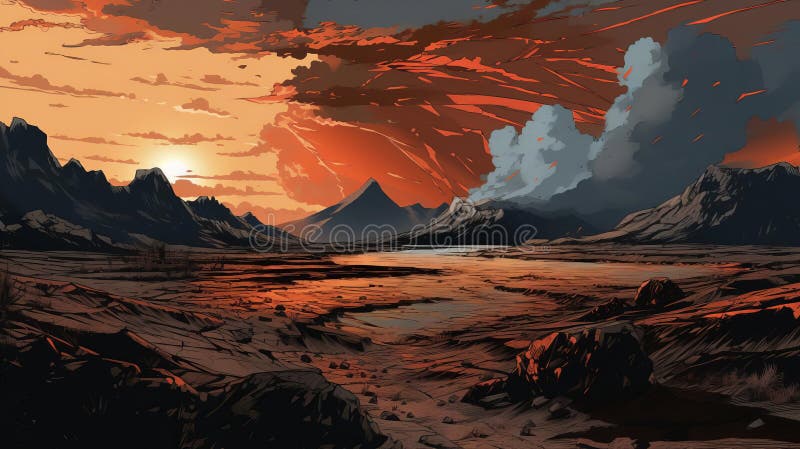 Vibrant Comic Image of Majestic Lahar Mountain Range Stock Illustration ...