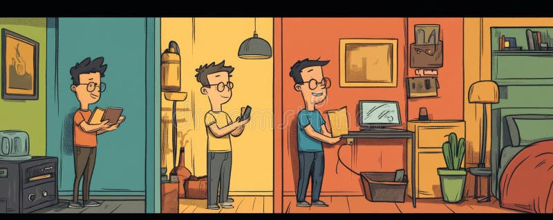 Comic Strip Illustration of a Smart Home Assisting a Man with daily ...