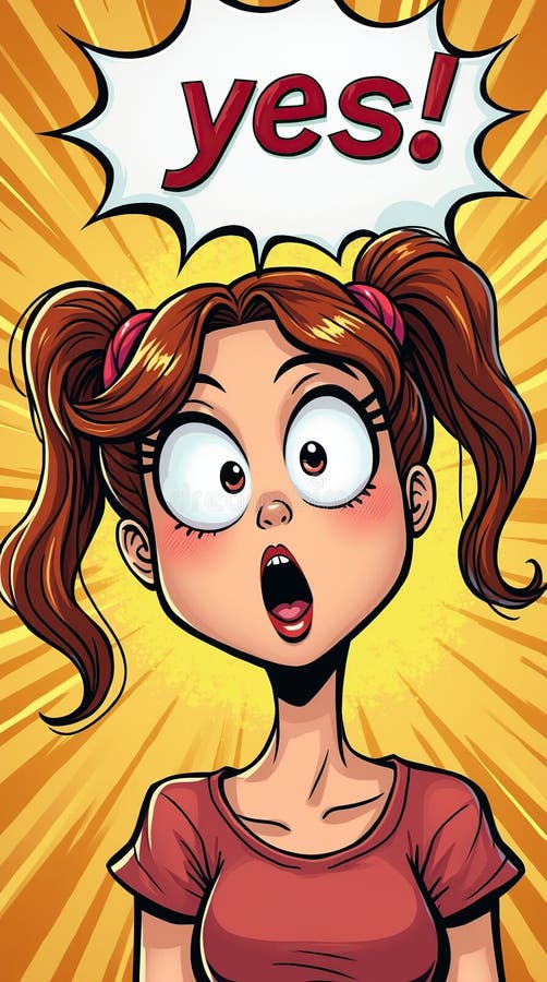 Comic Style Surprised Girl with Expressive Yes Speech Bubble Stock ...