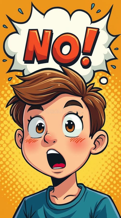 Comic Style Boy with Surprised Expression and Speech Bubble Saying No ...
