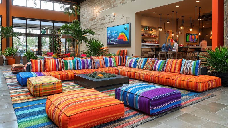 Vibrant Communal Lounge Area with Colorful Seating, a Fire Pit, and a ...