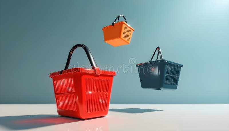 Vibrant Composition Featuring Three Shopping Baskets, with One Resting ...