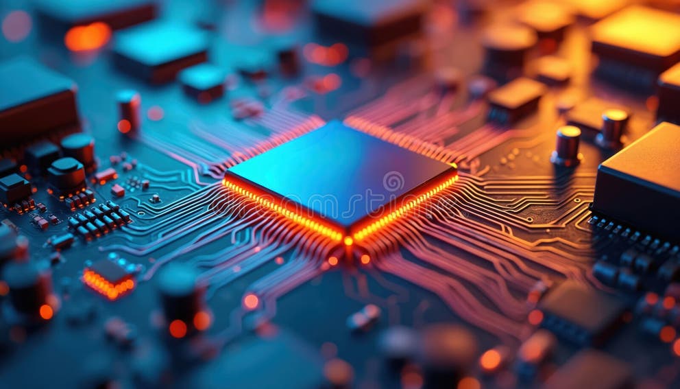 Vibrant Computer Chip with Blue, Orange Circuit Design. Motherboard ...