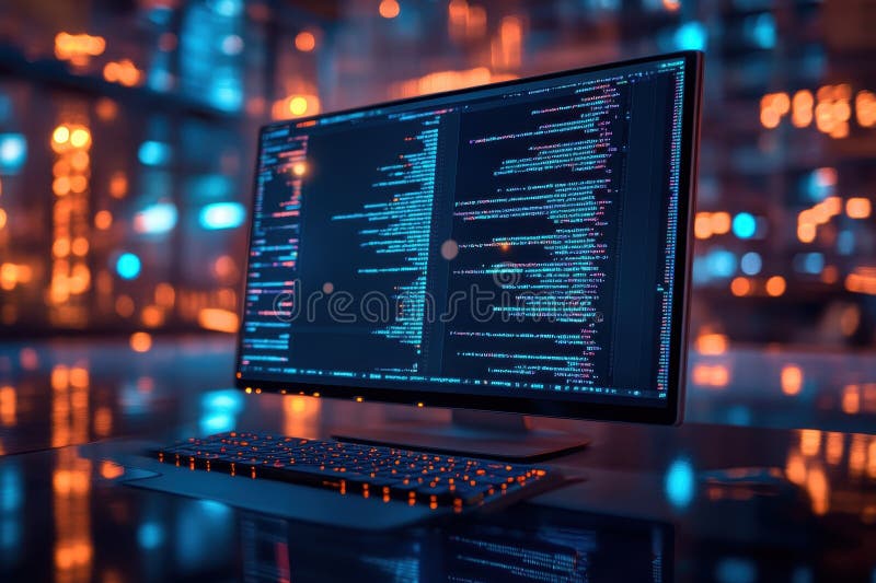 Colorful Computer Screen Displaying Code in a Modern Office Environment at Night Stock Image ...