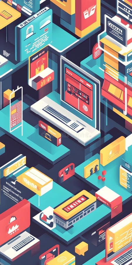 Vibrant Computer-Themed Illustration with Various Objects Stock ...