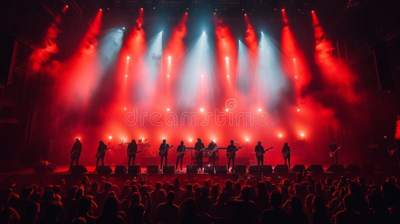 A Vibrant Concert with a Band Performing on Stage Under Intense Red and ...