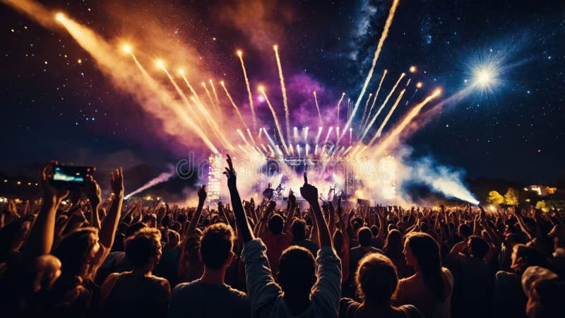 Energetic Concert Crowd with Fireworks at Night Stock Illustration ...