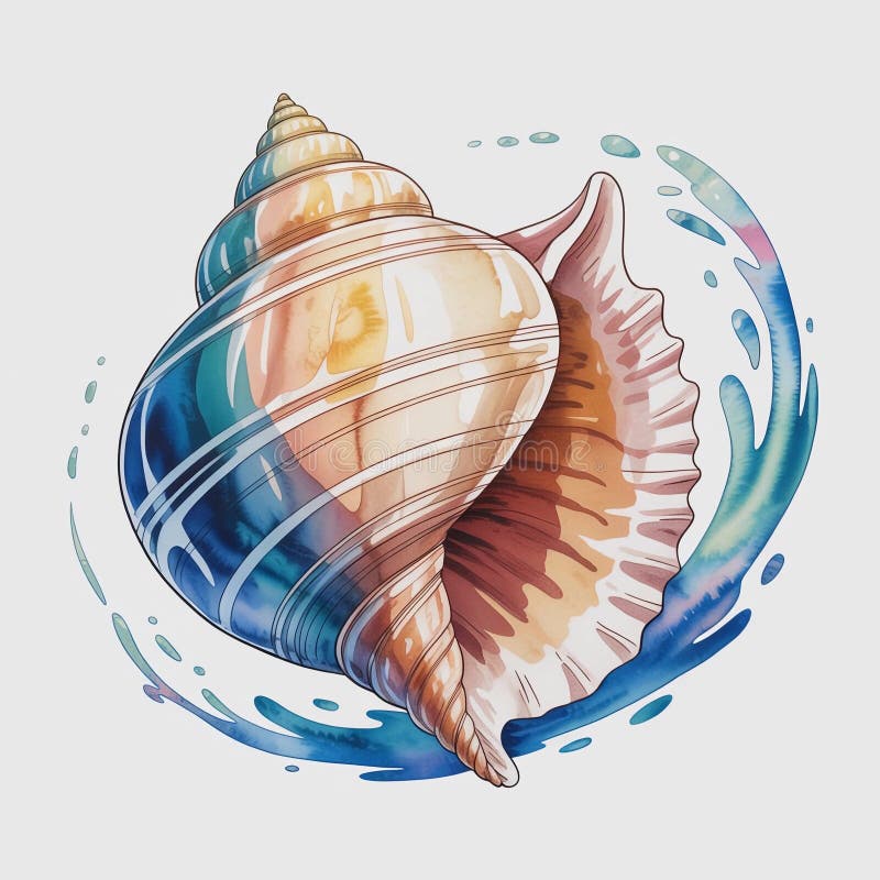 Vibrant Conch Shell with Water Splashes in Artistic Watercolor Style ...