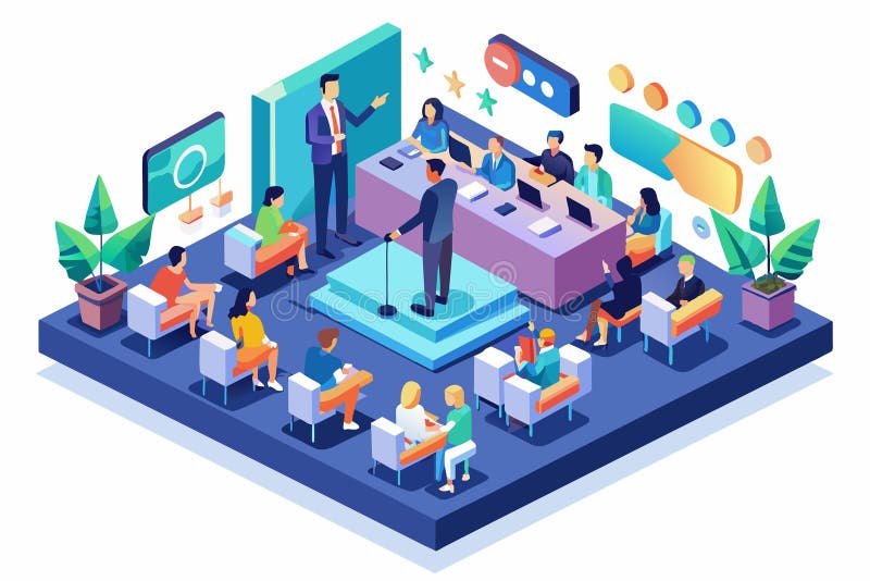 A Vibrant Conference with Attendees Seated, Speakers Presenting at a ...