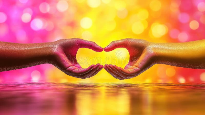 Vibrant Connection: Hands Reaching Across Colorful Bokeh Background ...