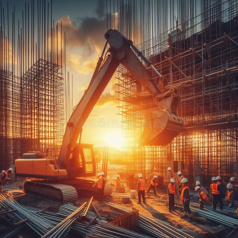 Sunset at a Bustling Construction Site Stock Image - Image of ...