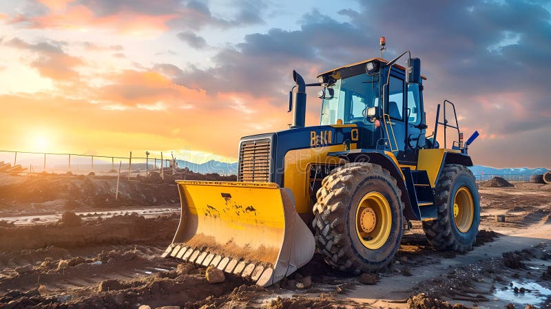 Yellow Wheel Loader at Work during Sunset. Industrial Machinery on ...
