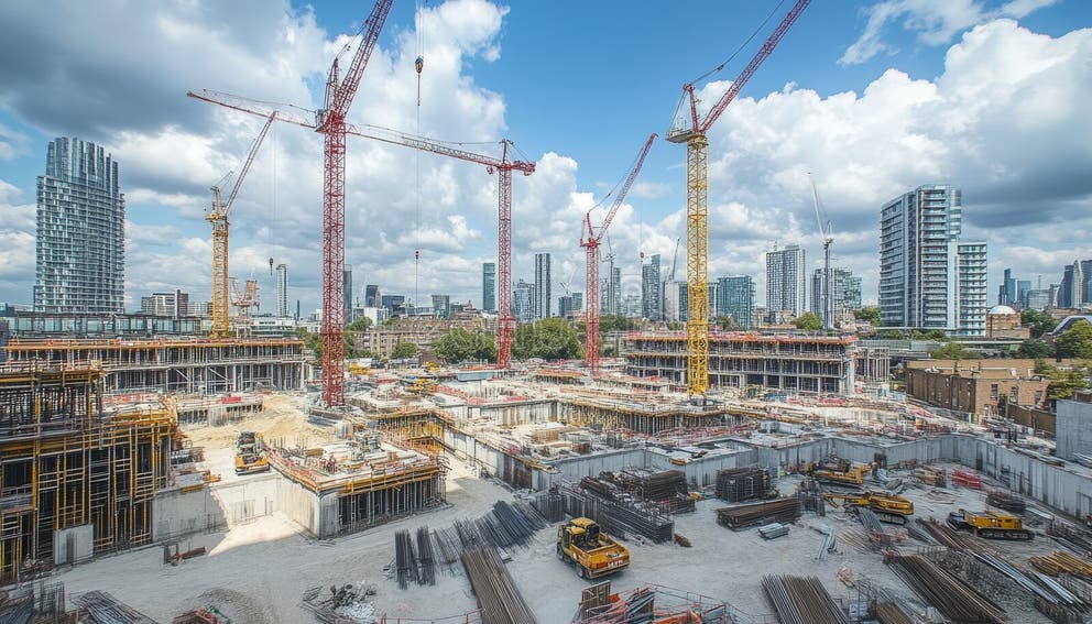 Vibrant Construction Site Featuring Multiple Tower Cranes Against a ...