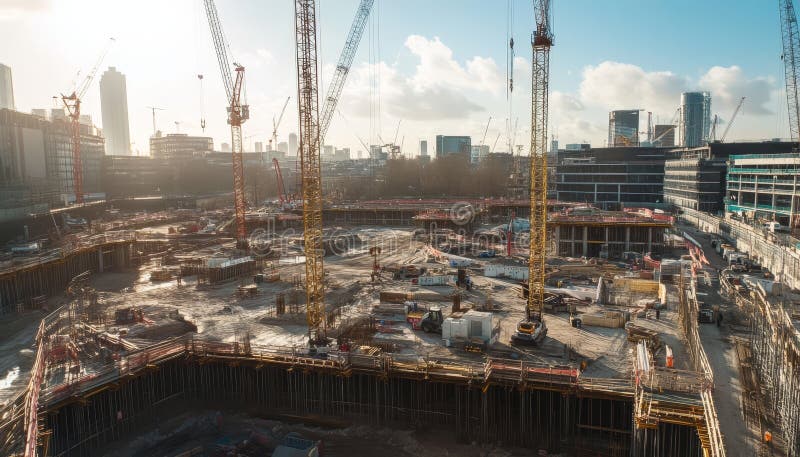 Vibrant Construction Site Featuring Numerous Tower Cranes Amidst Ongoing Urban Development Stock ...