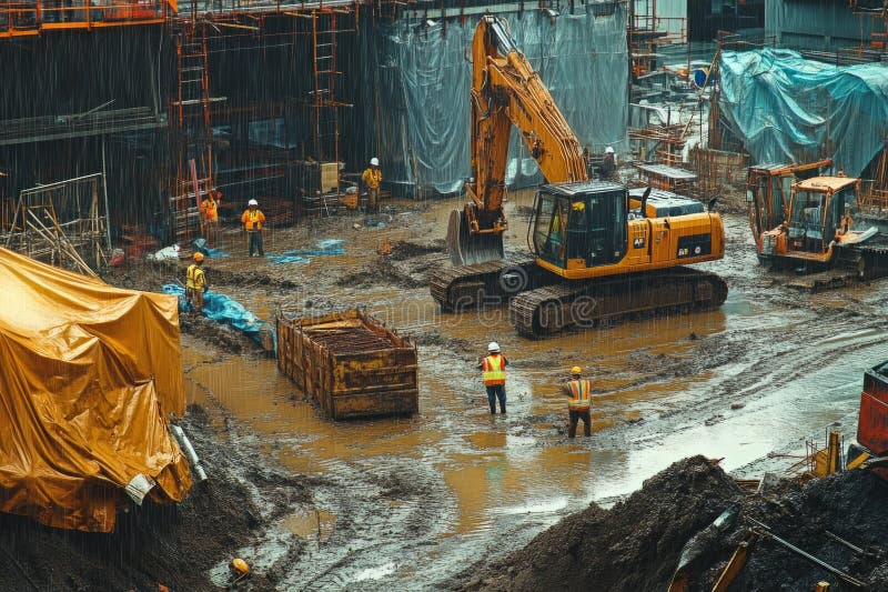 Dynamic Construction Site in a Rainy Setting. Heavy Machinery and ...