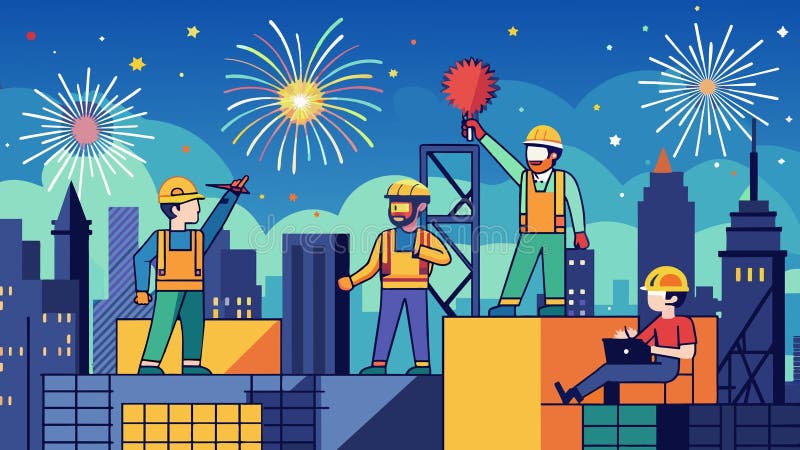 Vibrant Construction Team Working at Night with Fireworks Display Stock ...