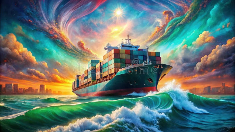 Vibrant Container Ship Navigating Dramatic Ocean Waves at Sunset ...