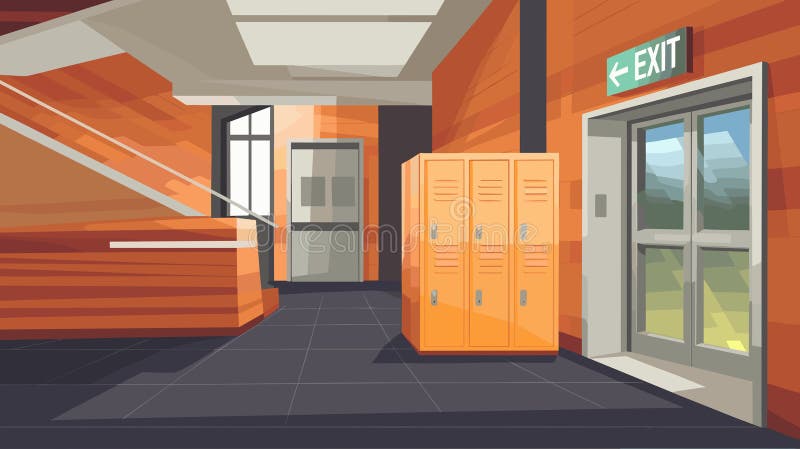 Modern School Hallway with Lockers and Exit Sign Stock Vector ...