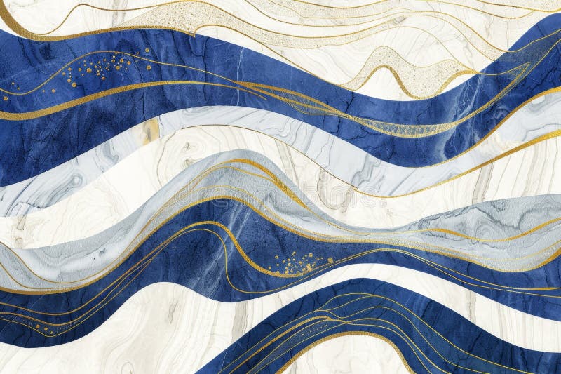 Vibrant Contemporary Wave Design in Blue Navy and Gold Abstract Organic ...