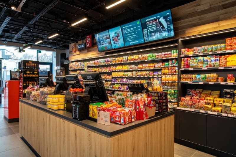 Modern Convenience Store Interior with Colorful Shelves Filled with ...