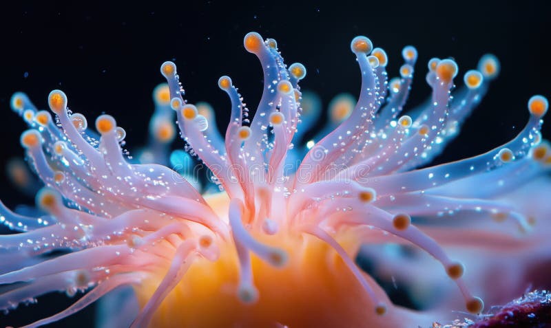 Vibrant Coral Polyps with Delicate Tentacles and Water Droplets in ...