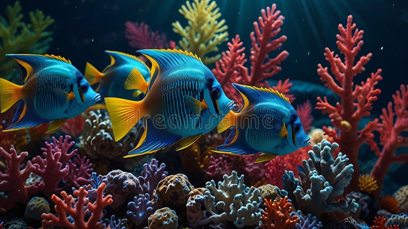 Vibrant Coral Reef Aquarium with Blue Fish Stock Illustration ...