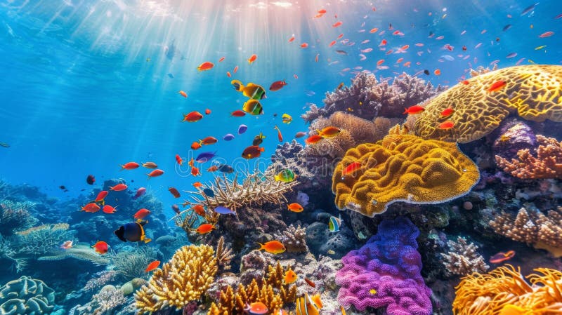 Colorful Coral Reef Teeming with Fish Stock Photo - Image of plants ...