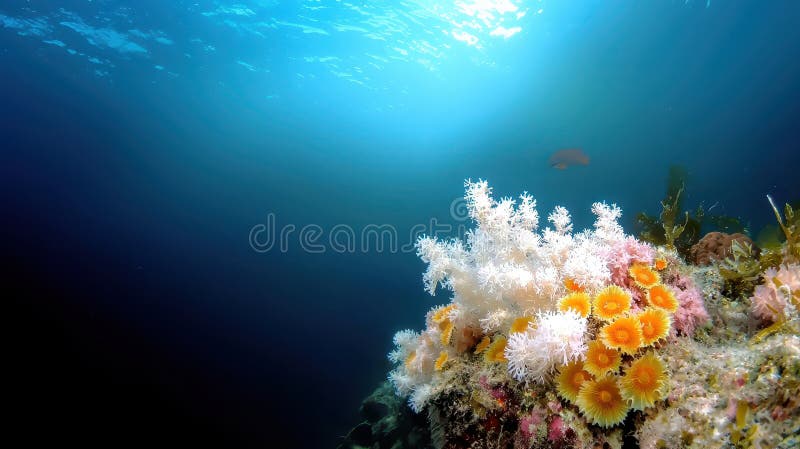 Vibrant Coral Reef with Colorful Flowers in Deep Ocean Setting Stock ...