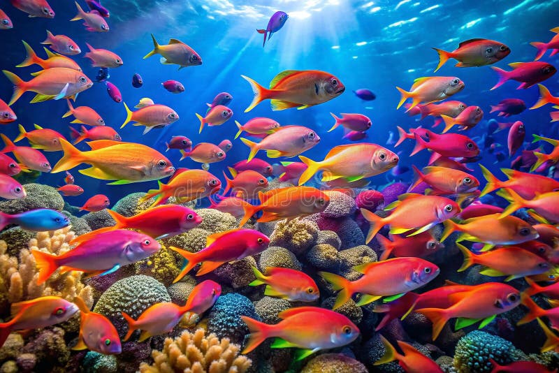 Vibrant Coral Reef Fish School Underwater Sunlight Stock Illustration ...