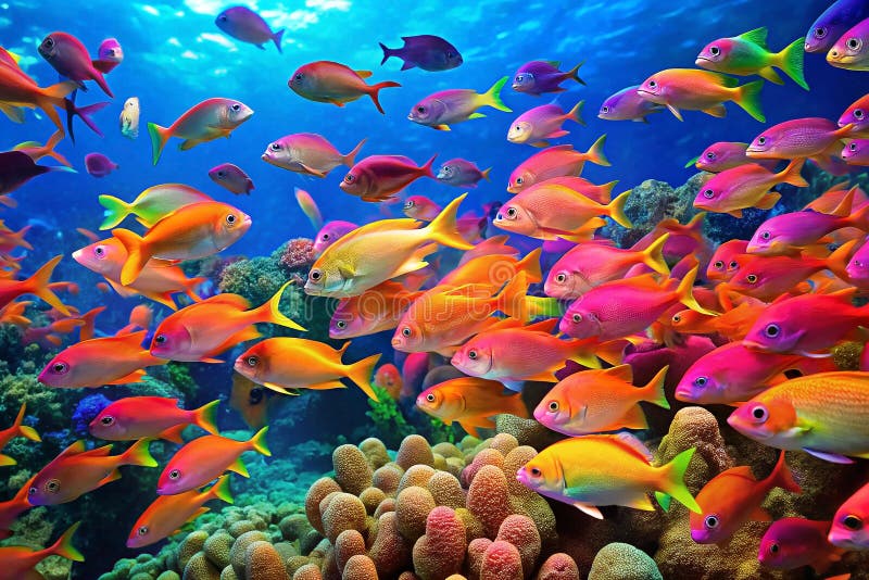 Vibrant Coral Reef Teeming with Colorful Fish Stock Illustration ...