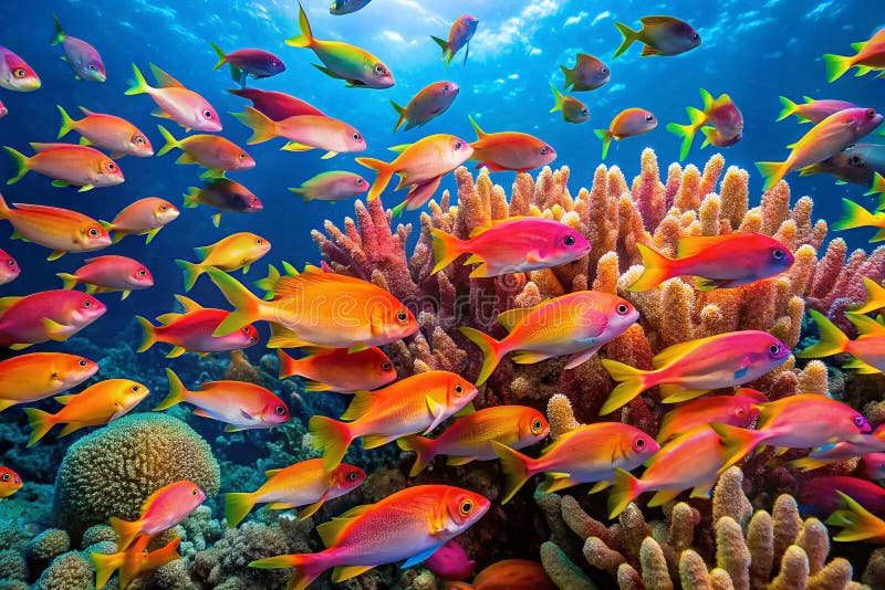 Vibrant Coral Reef Teeming with Colorful Fish Stock Illustration ...