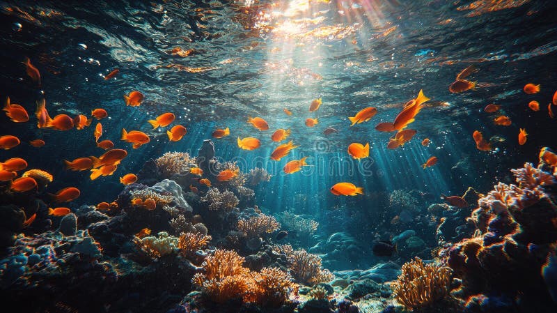 A Vibrant Coral Reef Teeming with Colorful Fish Bathed in Sunlight ...