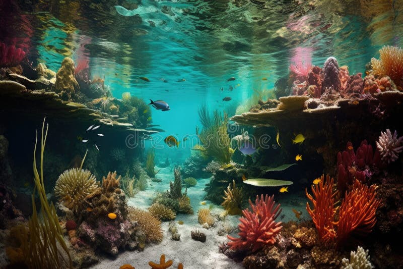 Vibrant Coral Reef Teeming with Marine Life in Shallow Lagoon Stock ...