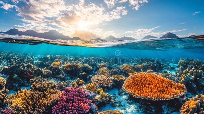 Vibrant Coral Reef Thrives Beneath Tropical Sunset Sky Stock ...