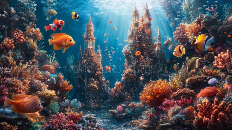 Vibrant Coral Reef with Underwater Castle and Colorful Fish Stock ...