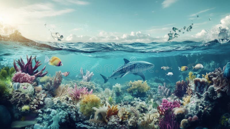 Vibrant Coral Reef Underwater Scene with Shark and Tropical Fish Stock ...