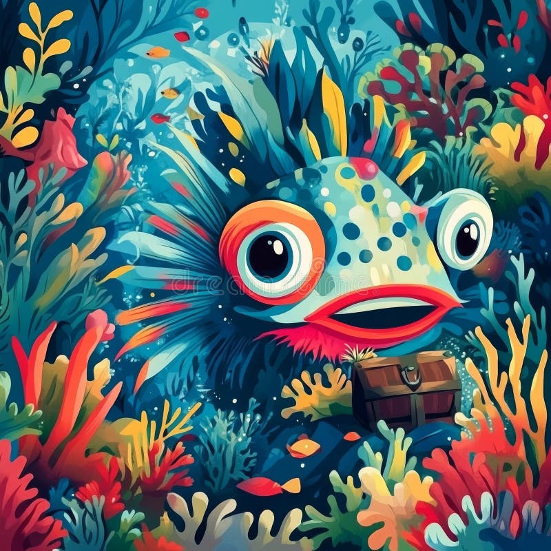 Within a Vibrant Coral Reef, a Whimsical Pufferfish Guards a Treasure ...
