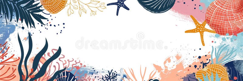 Vibrant Coral and Seashell Frame Banner with Starfish and Seaweed ...
