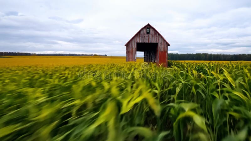 Rustic Red Barn Stands Alone in a Vast Field of Vibrant Green Corn ...