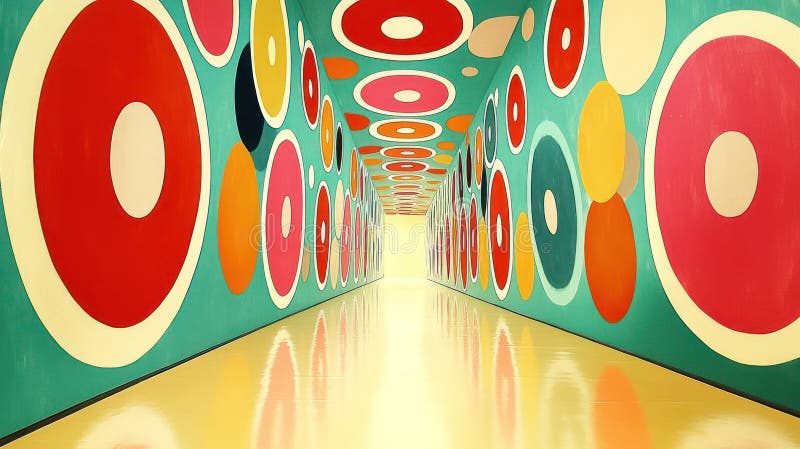 A Vibrant Corridor with Colorful Circular Patterns on the Walls and a ...