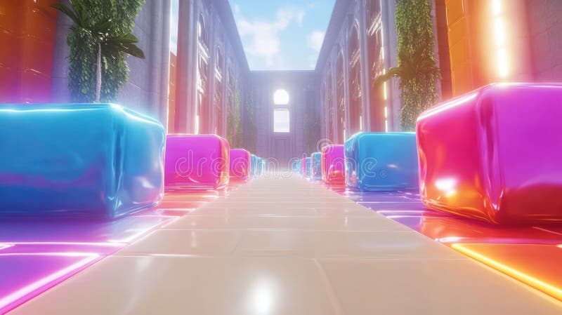 A Vibrant Corridor with Colorful Glowing Blocks and a Bright Sky Stock ...