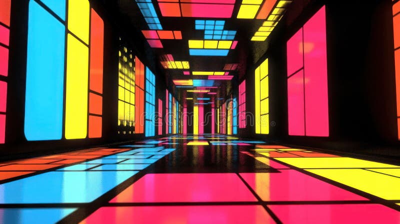 A Vibrant Corridor with Colorful Illuminated Panels Creating a Dynamic ...